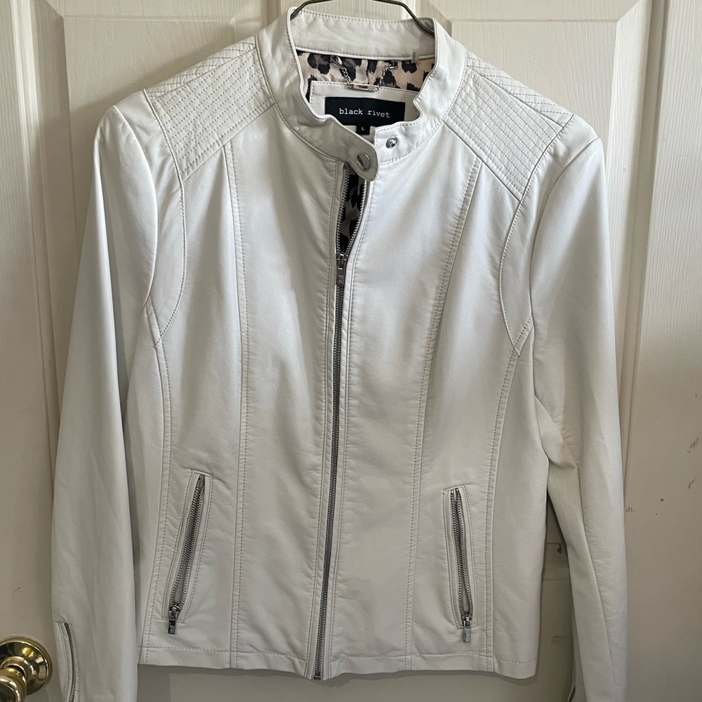White Leather Jacket - Black Rivet - Gem